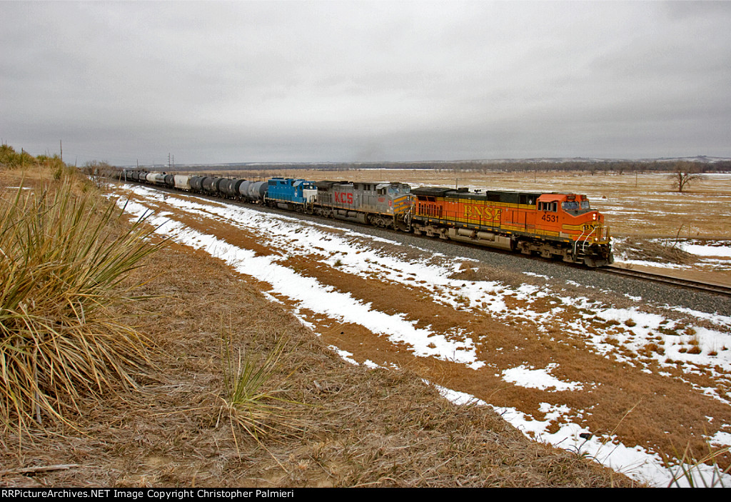 BNSF 4531, KCS 4587, and EMDX 804
